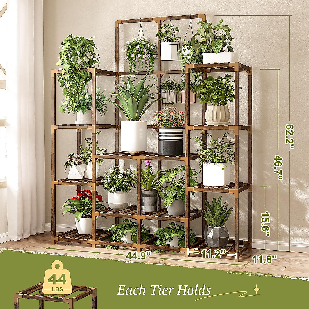 EnHomee Plant Stand Indoor Large Plant Stands Outdoor Wood Tiered Plant Shelf For Multiple Plant, Tall Plant Stand 6 Tiers with 12 Potted Plant Holder Tables Large Plant Rack, 44.9"W x 11.8"D x 62.2"H