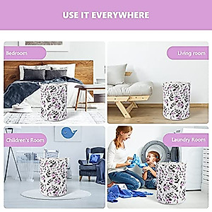 Large Foldable Laundry Basket Organizer Holder portable tall collapsible laundry hamper nusery Storage Basket Bin with Handles Canvas & Waterproof lining for Household Items (Floral Purple)