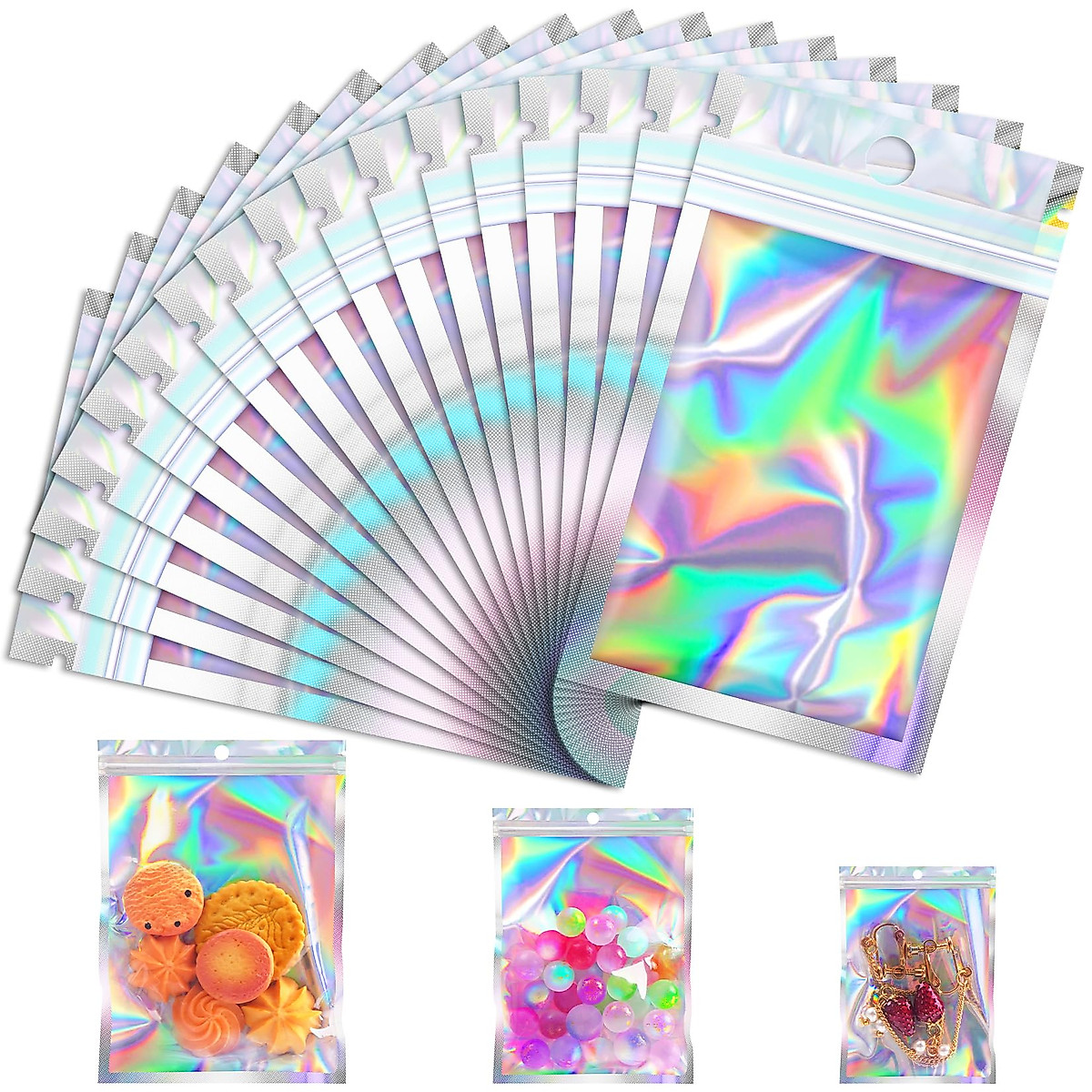 JETMORE 100 Pcs Mylar Bags, Smell Proof Bags with Clear Window, Holographic Bags for Snack, Cookie, Jewelry, Candy, Gift, Resealable Bags for Small Business, Sealable Bags for Packaging（2.4x3.9in）