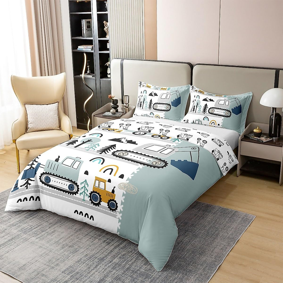 Erosebridal Pure Cotton Construction Comforter Duvet Cover,Cartoon Excavator Vehicle Bedding Queen,Reversible Tractor Bedding Toddler Bedding Boys Comfy Cozy Room Decor,Teal