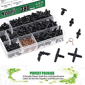 Keadic 380Pcs Barbed Connectors Irrigation Fittings Kit Contains Elbows, End Plug, Tees, 4-Way Coupling, Straight Barbs, Single Barbs Irrigation Barbed Connectors for 1/4" Tubing Sprinkler Drip Systems