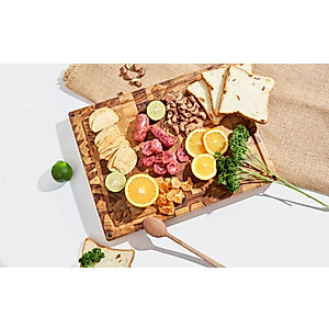 TUSO Butcher Block Cutting Board [17 x 13 x 1.5 inches ] End Grain Teak Wood Cutting Board - Reversible Multipurpose with Non-Slip Feet, Juice Groover, Sorting Compartments and Built-in Handles