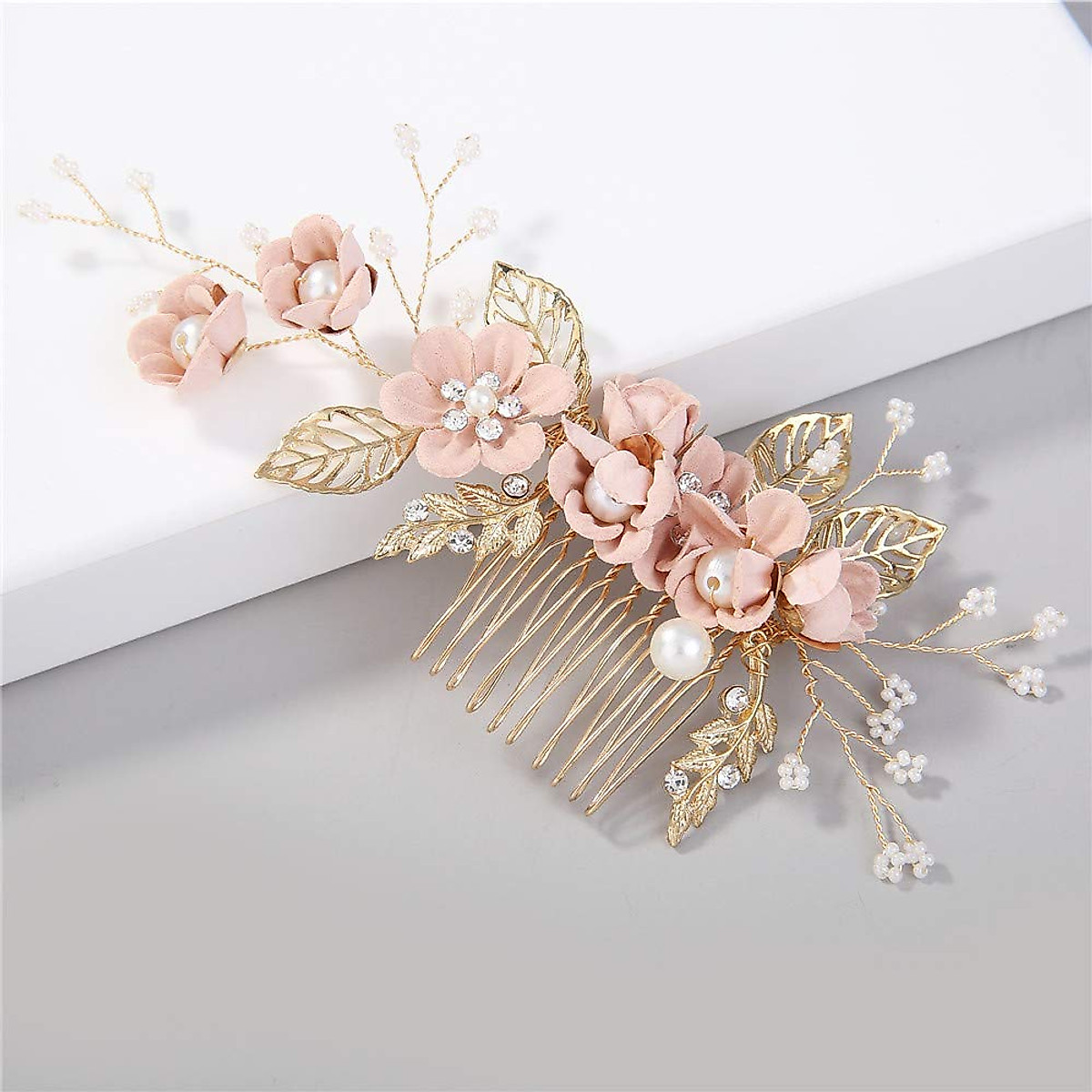 Hair Side Combs Bride Wedding Hair Comb Flowers Pearl Bridesmaids Hair Piece Accessories Vintage Bridal Hair Clips for Women and Girls (Pink)