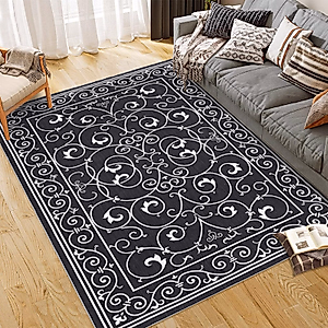 COZYLOOM 9x12 Rug Washable Living Room Rugs Moroccan Area Rug for Bedroom Nursery Vintage Floral Office Rug Non-Slip Backing Throw Rugs Modern Area Rug Distressed Room Decor Ghothic Rug Black Rug
