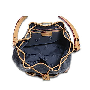 Rioni STA-20089 Designer Signature Navy Blue Canvas Leather Drawstring Bucket Bag Shoulder Bag