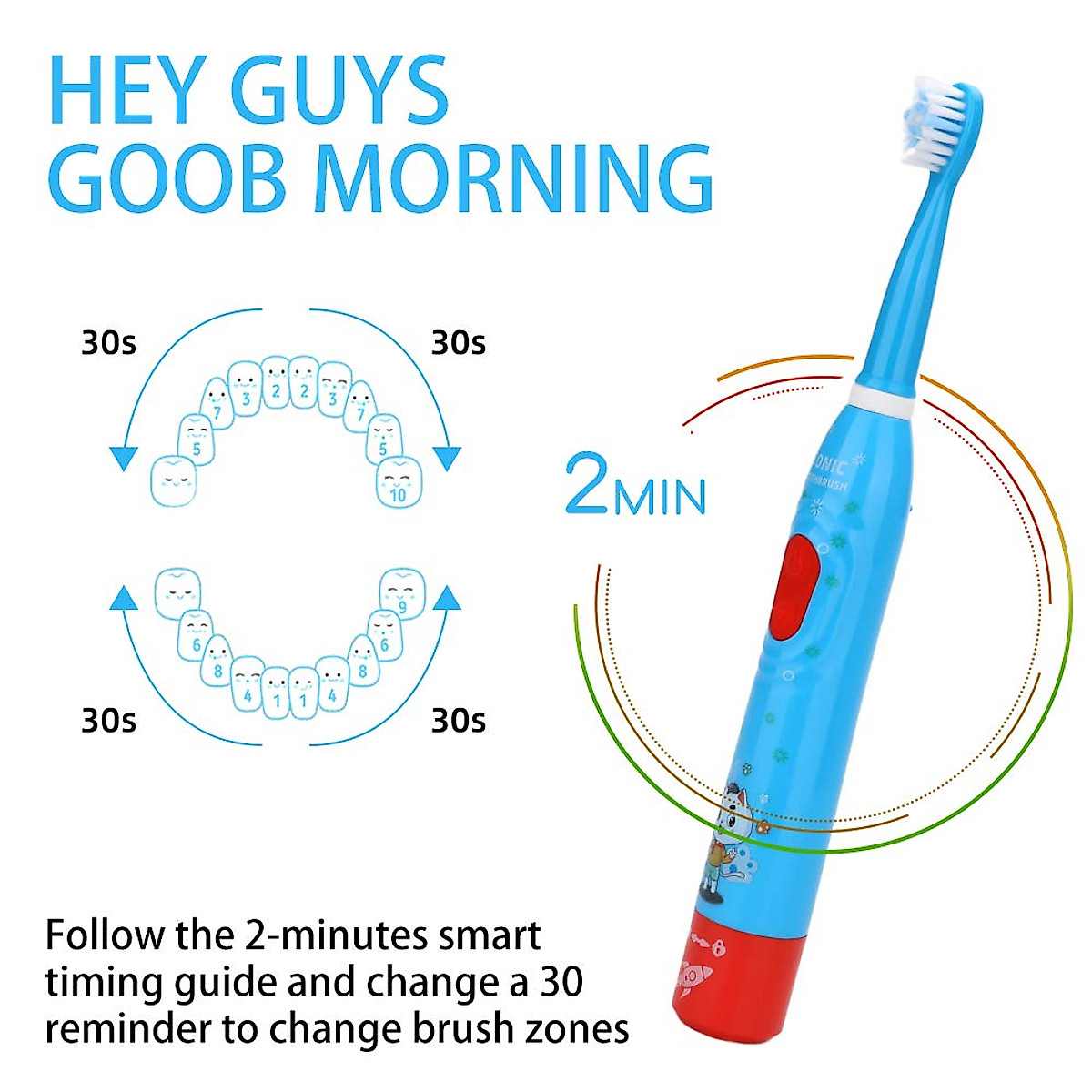 OJV 8630 Kids Sonic Electric Toothbrushes for Children Kids, 6 Modes 2-Min Timer, 6 Brush Heads, USB Rechargeable Power Smart Toothbrush for Girls Oral-Care Age 3-16 with Wall Mounted Holder (Blue)