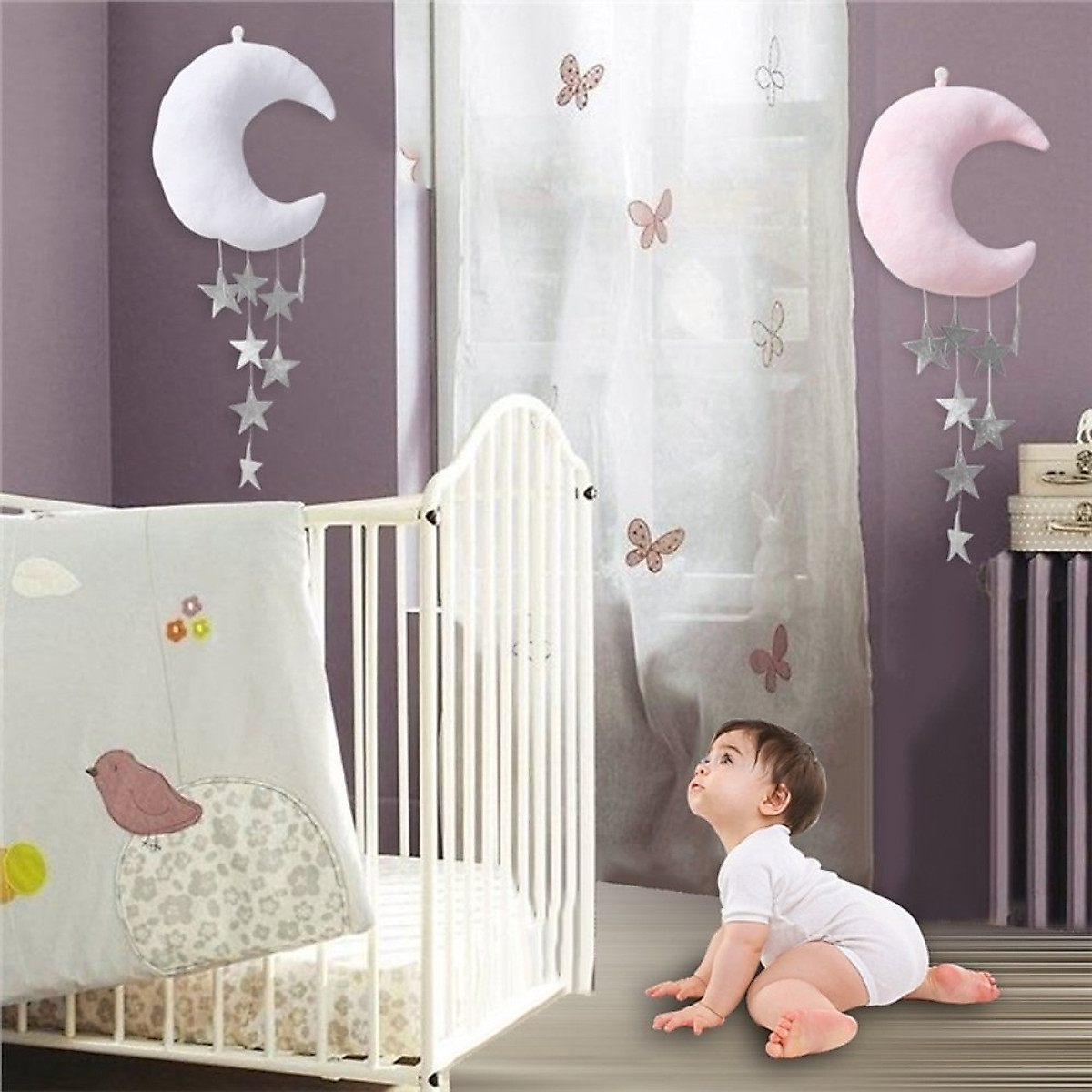 Braceus Wall Backdrop Children Room Hanging Moon Stars Stuffed Decor for Baby Bedroom (Pink + Silver)