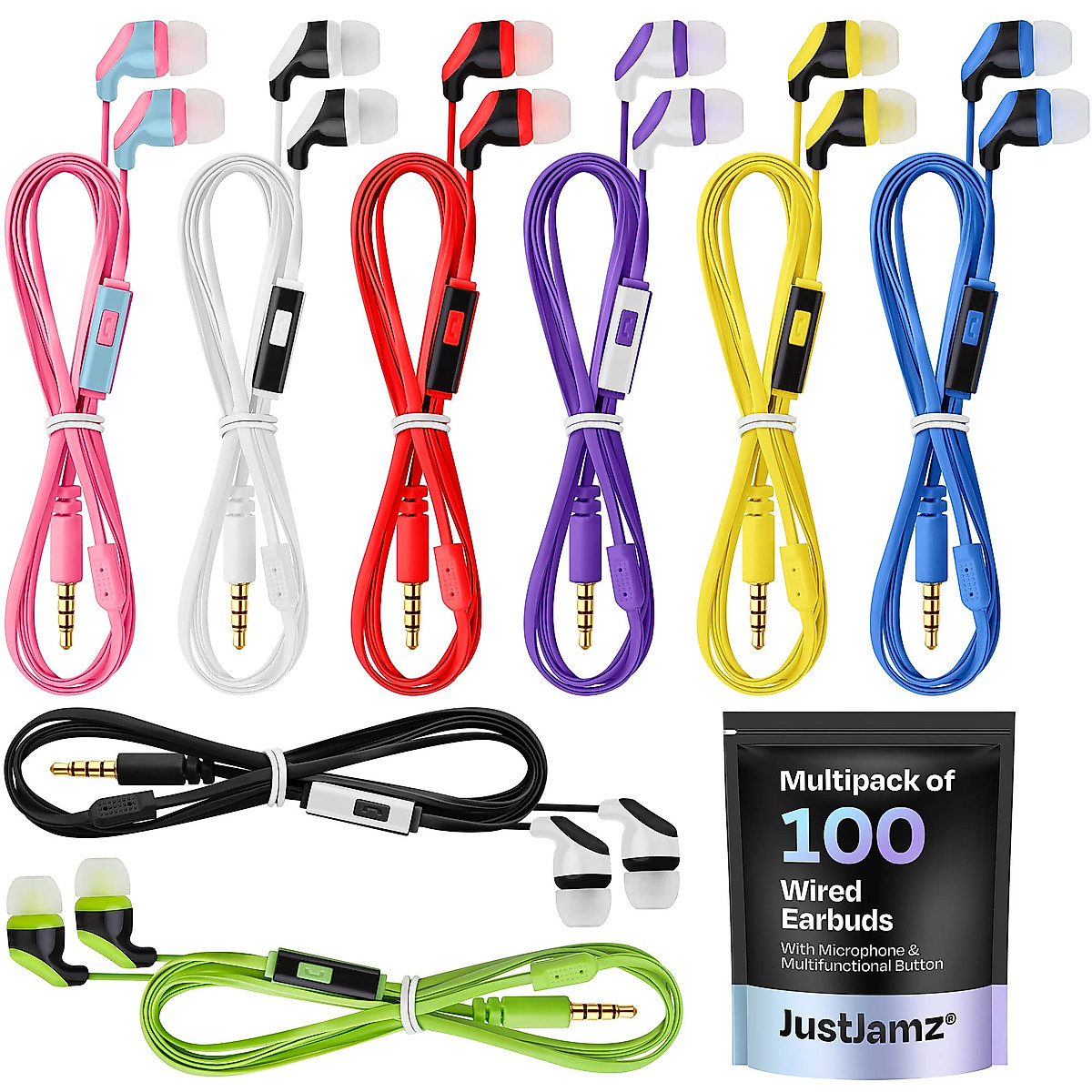 100x Multipack | Bulk Earbuds with Microphone, for Schools, Classroom, Libraries, Museums, etc., Wired in-Ear Earphones with Mic for Kids, Teenagers & Adults, Affordable Bulk Headphones