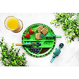 Constructive Eating Plate and Utensils Set Dinosaur - Made in USA - Toddler Dinnerware, Kids Dinnerware and Utensils Set for Ages 1-3, Toddler Utensils 2 and 3 Year Old, Divided Toddler Plates