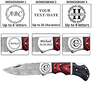 WINTERFELL Personalized Engraved Folding Pocket Knife for Men, Customized Christmas Gifts for Husband, Dad, Boyfriend, Damascus Steel Groomsman Gift Knives, 100% Handmade Knife with Leather Sheath