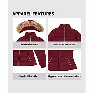 BodiLove Thickened Winter Puffer Jacket with Removable Faux Fur Hood Fleece Lining Burgundy
