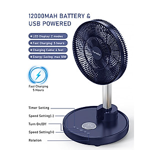 FARADAY Oscillating Standing Fan 12” Foldable Portable Quiet Floor Fan 12000mAh Rechargeable Pedestal Fan with Remote, Timer Setting, Height Adjustable Foldaway Fan for Bedroom Home Office, 6 Speed