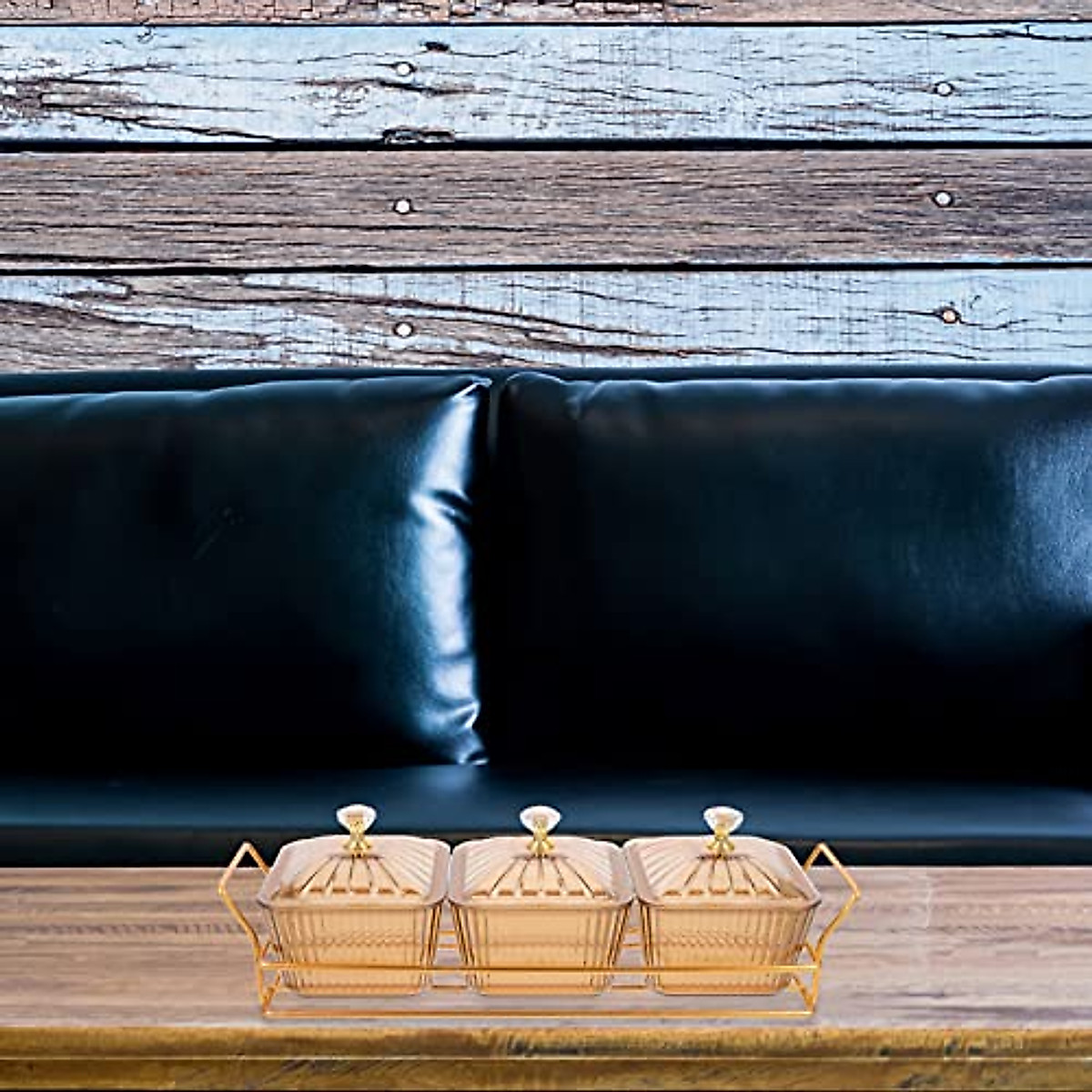 Cabilock Serving Bowls Condiment Serving Tray 3 Clear Appetizer Bowls Set with Iron Rack Chip Dips Snack Dish Buffet Server Food Display Relish Platter for Fruit Dessert Nuts Candy Decorative Tray