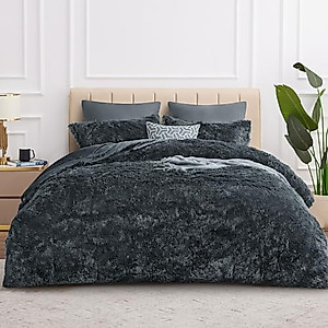 Aisbo Faux Fur Duvet Cover King - Fuzzy Plush Shaggy Duvet Cover King Size with Button Closure, Soft Fluffy Comforter Cover Set 104x90 Inches with 2 Pillow Shams for Winter, Grey