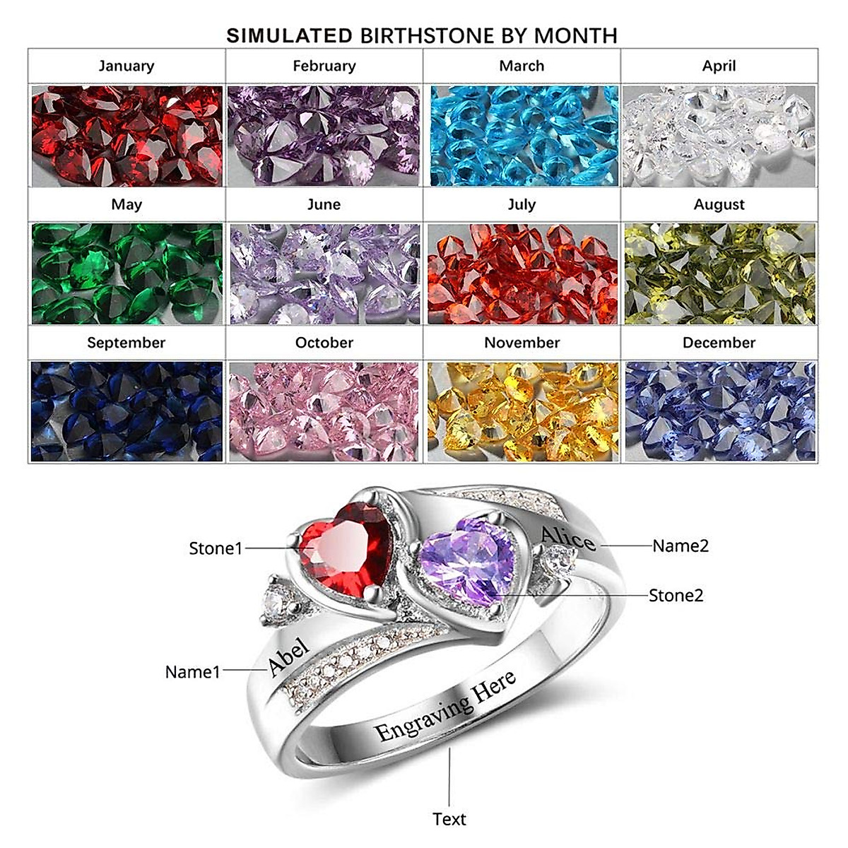 GLAMCARAT Personalized mothers ring with 2 birthstones family jewelry gift for her promise ring customized name engraved ring (8)