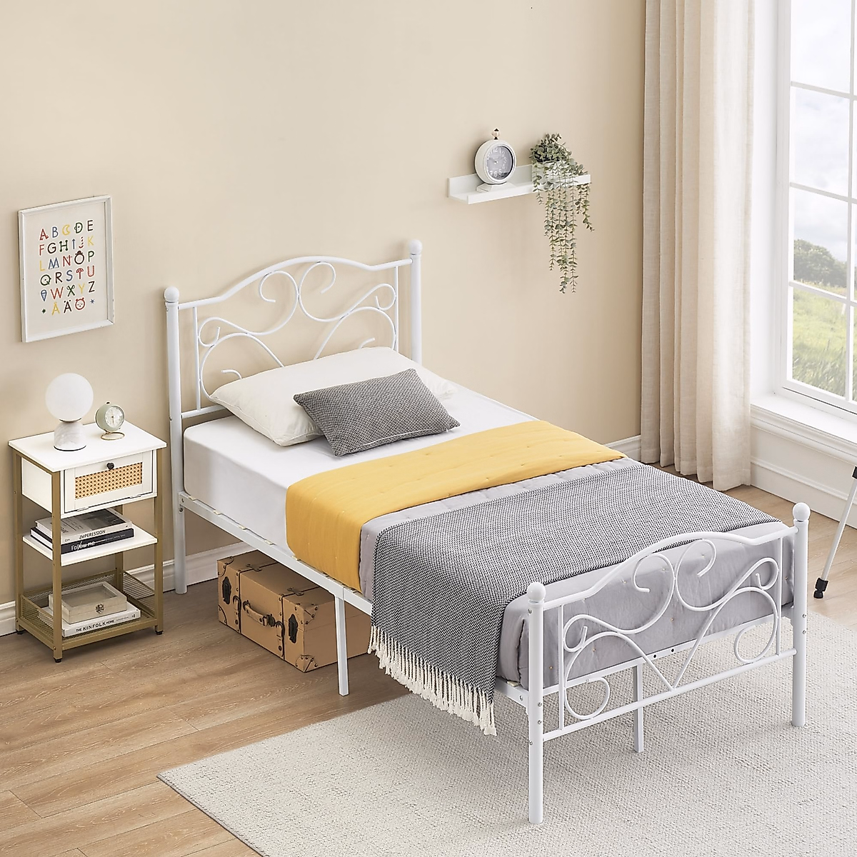 IDEALHOUSE Twin Size Bed Frame with Headboard and Footboard, Metal Platform Bed Frame with Storage, Steel Slats Support Mattress Foundation, No Box Spring Needed, White