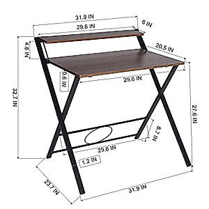 FurnitureR 31.9'' Folding Desk 2 Tier Foldable Desk No Assembly Computer Desk Saves Space for Home Office Study, Metal Frames/Wood Top Laptop Table, Rustic Brown