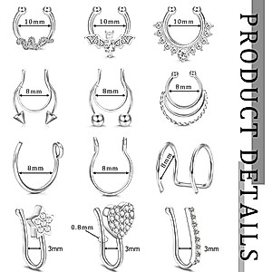 ZZHDCC Silver Fake Septum Fake Nose Rings For Women Surgical Steel Nose Cuffs For Non Pierced Nose Rings Hoops Fake Lip Rings Non Piercing Septum Rings Clip On Heart Faux Piercing Jewelry