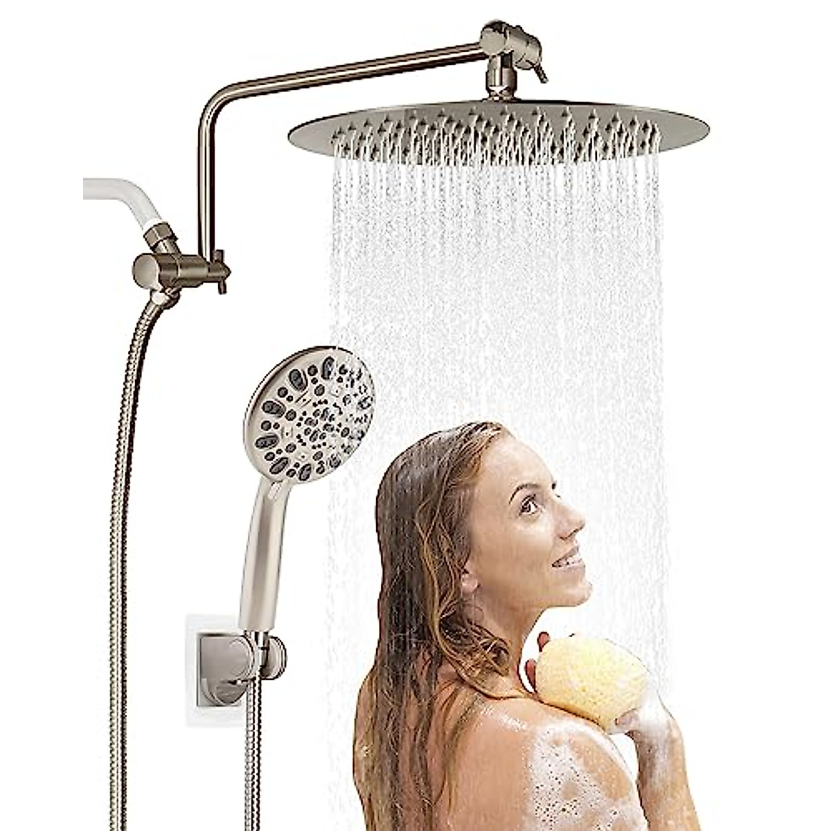 10” High Pressure Rainfall Shower Head, iFealClear Metal Waterfall Showerhead with Handheld Combo, 12'' Adjustable Shower Extension Arm, Brass Shower Holder Extra Long Hose, Brushed Nickel