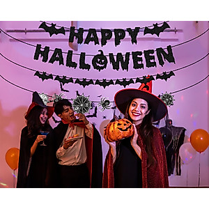 Happy Halloween Banner, NO-DIY Spider Web Halloween Decorations Garland Bat Garland Black Glitter Halloween Banner, Spider Garland for Halloween Office Decorations Halloween Classroom Decorations