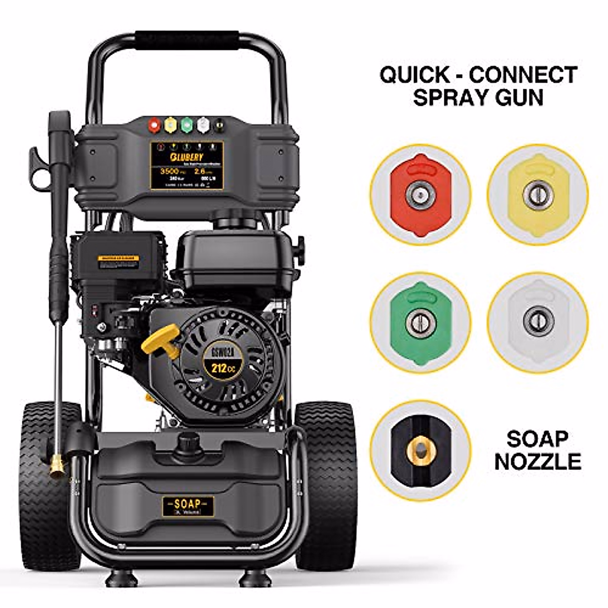 BLUBERY 3500PSI Gas Pressure Washer, 13'' Pneumatic Anti-Skid Tires, 50FT Hose&Soap Container, 2.6GPM 212CC Power Washer, 5 Adjustable Nozzles, CARB&EPA CERT