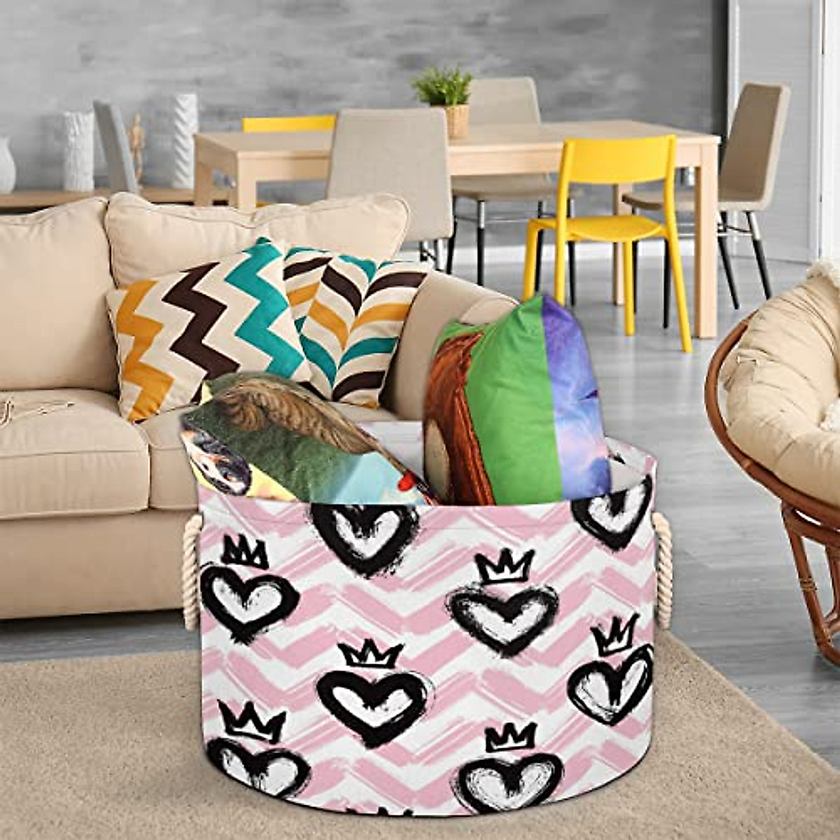 Hearts Crowns Pink Stripe Romantic Large Round Baskets for Storage Laundry Baskets with Handles Blanket Storage Basket for Bathroom Shelves Bins for Organizing Nursery Hamper Girl Boy