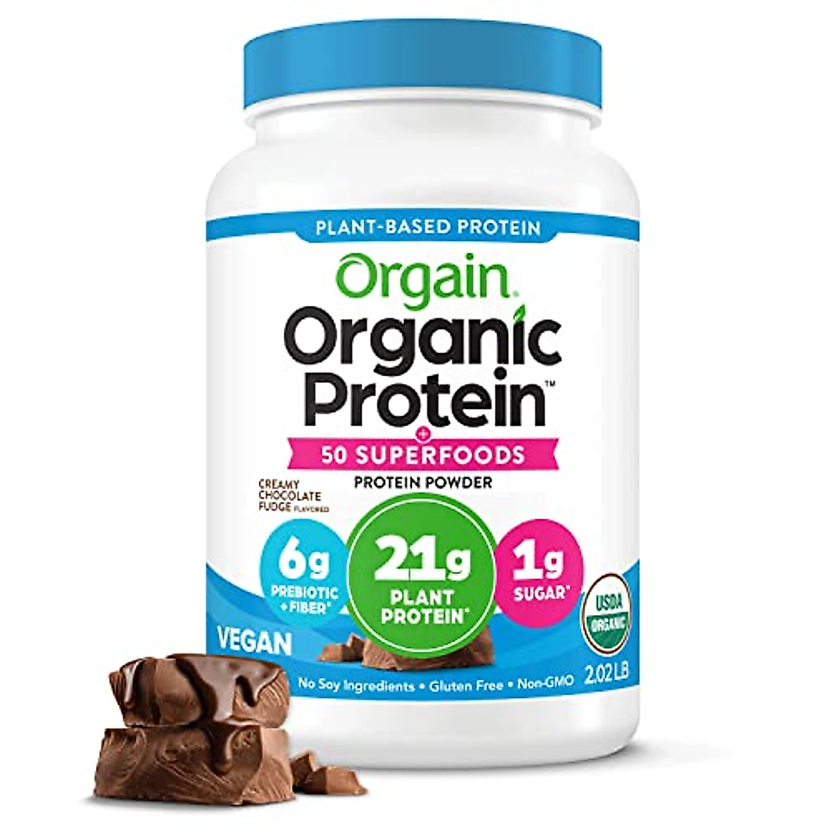 Orgain Organic Protein + Superfoods Powder, Creamy Chocolate Fudge - 21g of Protein, Vegan, Plant Based, 6g of Fiber, No Dairy, Gluten, Soy or Added Sugar, Non-GMO, 2.02 Lb