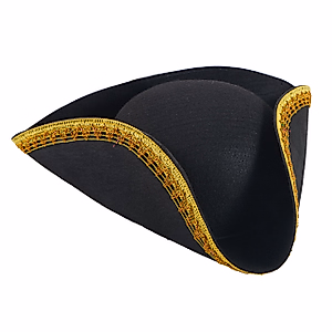 Spooktacular Creations Black Pirate Hat, Colonial Tricorn Hat with Gold Trimming for Adults, Halloween Renaissance Costume Accessory for Revolutionary War RolePlay Party