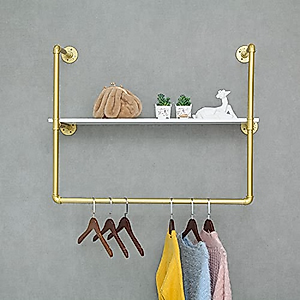 Industrial Pipe Wall Mounted Garment Rack with Top Shelf, Detachable Pipe Clothes Rack, Space-Saving Hanging Bar, Detachable Multi-Purpose Rod for Closet Storage, Gold, 39.3x10 Inches