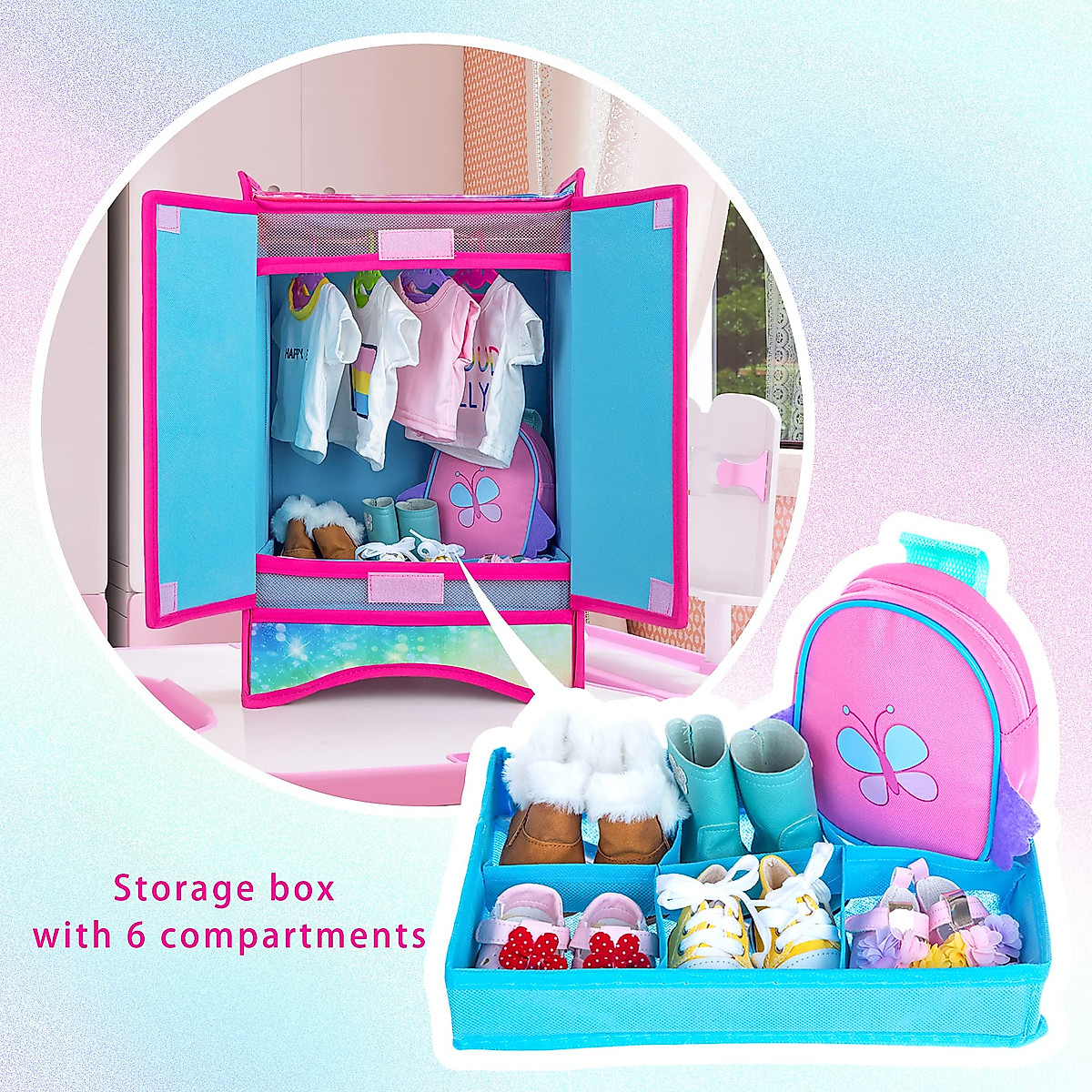 ZITA ELEMENT 18 Inch Girl Doll Accessories Closet Wardrobe Set - Including 18 Inch Doll Clothes Wardrobe, Hangers and Storage Box for Our My Generation Life Doll Accessories