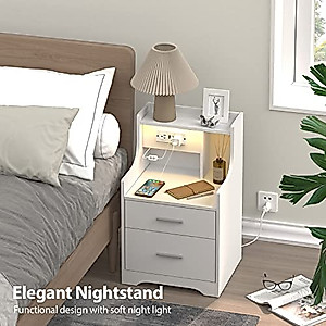 Nightstand with Charging Station & LED Lights, White Nightstand with 2 Drawers and Open Storage, Bed Side Table Night Stand for Bedroom Living Room Office, White Wood Side Table