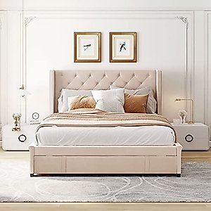Prohon Upholstered Platform Bed with Wingback Headboard and 1 Big Storage Drawer, Velvet Tufted Bed Frame Queen Size, No Box Spring Needed, Easy to Install, Wooden Slats Support, Beige