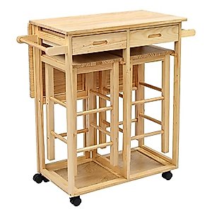 FCH Drop Leaf Table with 2 Square Stools and 2 Drawers Solid Wood Kitchen Table and Chair Set Island Cart Trolly Breakfast Bar