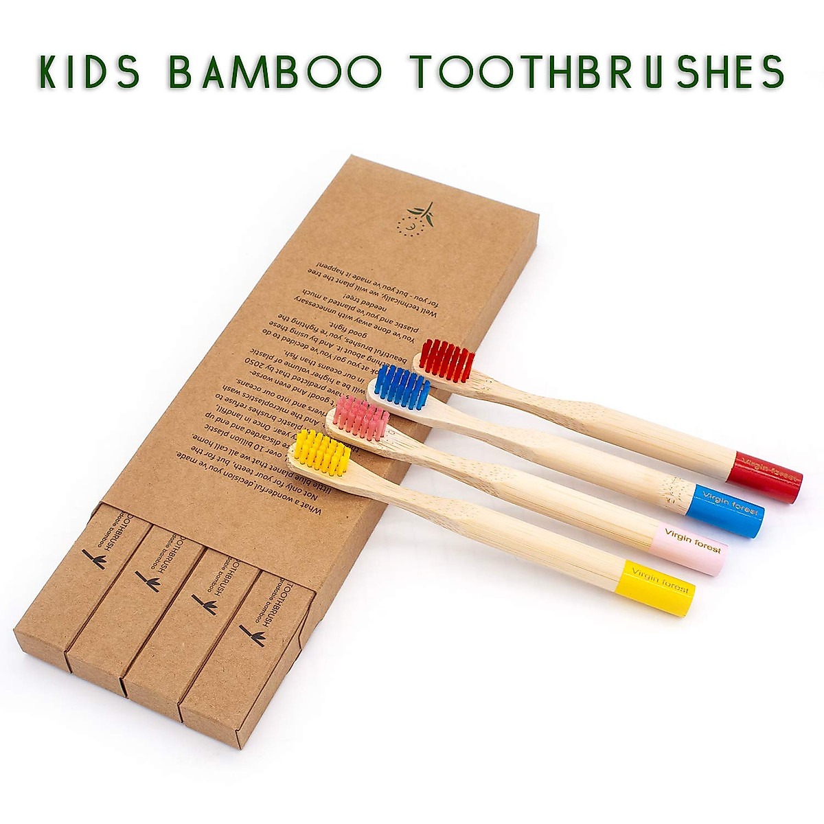 Virgin Forest Kids Bamboo Toothbrushes, Child Size Soft BPA Free Colored Safe Bristles (4 Pack)