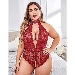 Avidlove Women Plus Size Lingerie Sexy Lace Bodysuit One Piece Babydoll Wine Red 22 Plus