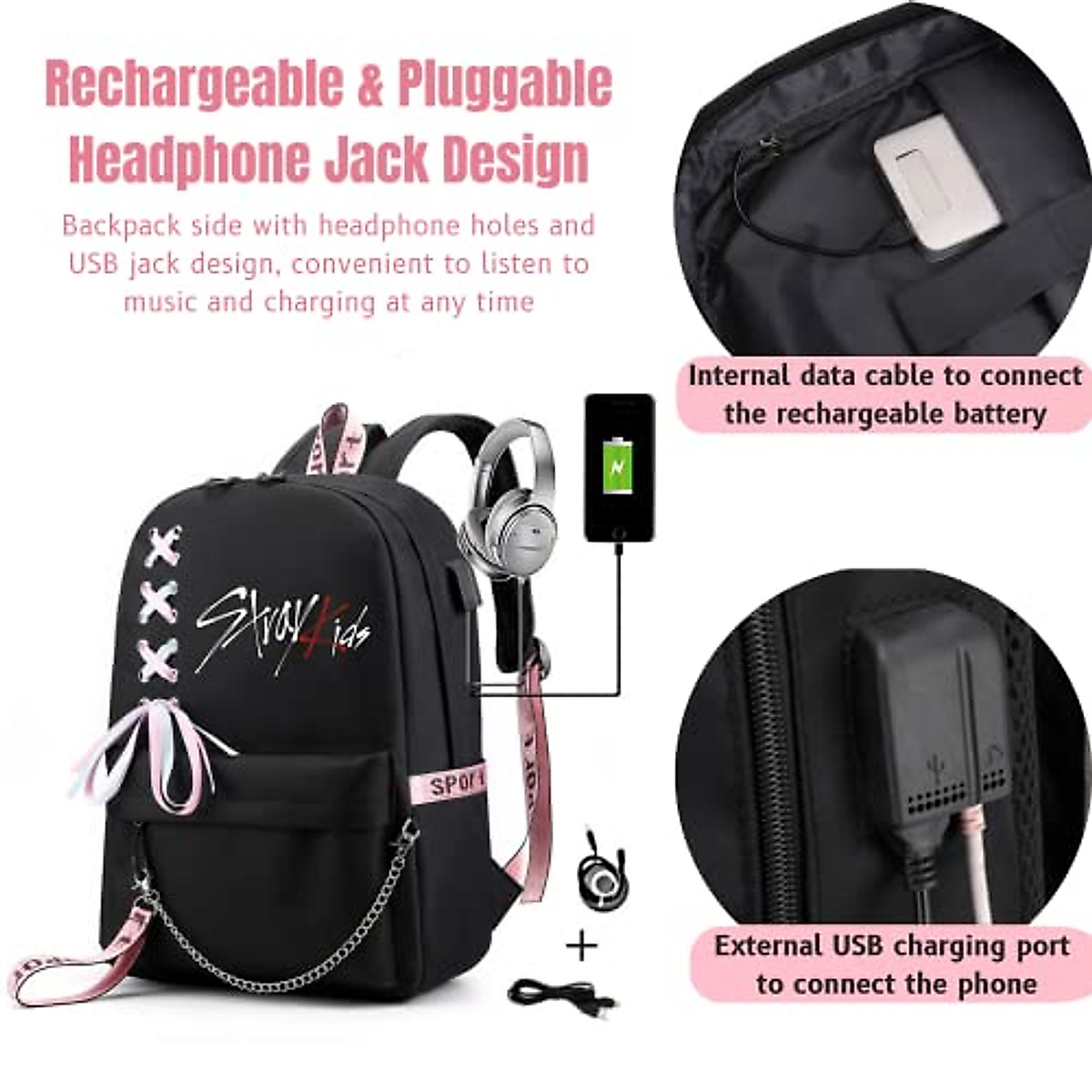 OMECAR Backpack for Stray Kids Fans with Audio Cable USB Charging Port Korean Backpack Laptop Bag Merchandise for Girls STAY Fans Gifts (Black) 17.7×11.8×7 in Kpop5698