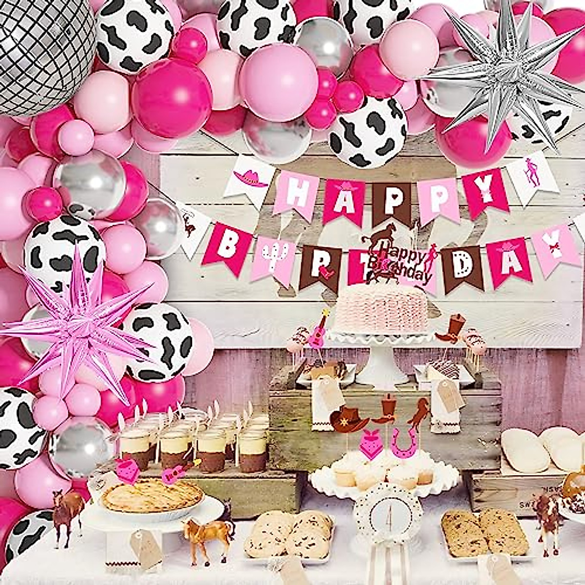 Amandir 113Pcs Western Cowgirl Birthday Party Decorations, Retro Horse Rodeo Party Supplies Backdrop for Girls Hot Pink Silver Balloon Garland Arch Kit Birthday Banner Horse Garland Cake Toppers