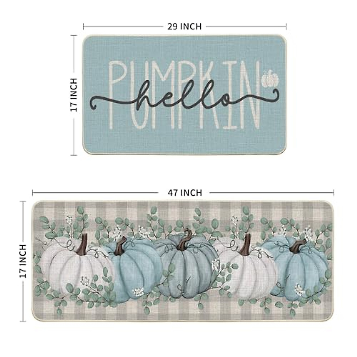 Artoid Mode Buffalo Plaid Hello Pumpkin Eucalyptus Fall Kitchen Mats Set of 2, Home Decor Low-Profile Kitchen Rugs for Floor - 17x29 and 17x47 Inch