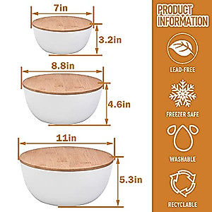 Panghuhu88 Salad Bowl with Lid, Set of 3 (7" + 8.8" + 11") Serving Bowl with Bamboo Cover, Bamboo Fiber Mixing Bowl for Salad Cereal Pasta Soup Fruit Popcorn Chips (White)