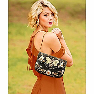 Mary Frances Golden Nectar Beaded Honey Bee Crossbody Clutch Handbag, Black
