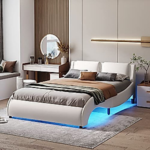 Modern Full Size Upholstered Platform Bed with LED Light Headboard, Metal Faux Leather Upholstered Platform Bed Frame with Wooden Slatted, Wave-Like Bed for Kids Teens Adult Bedroom (White-Full)