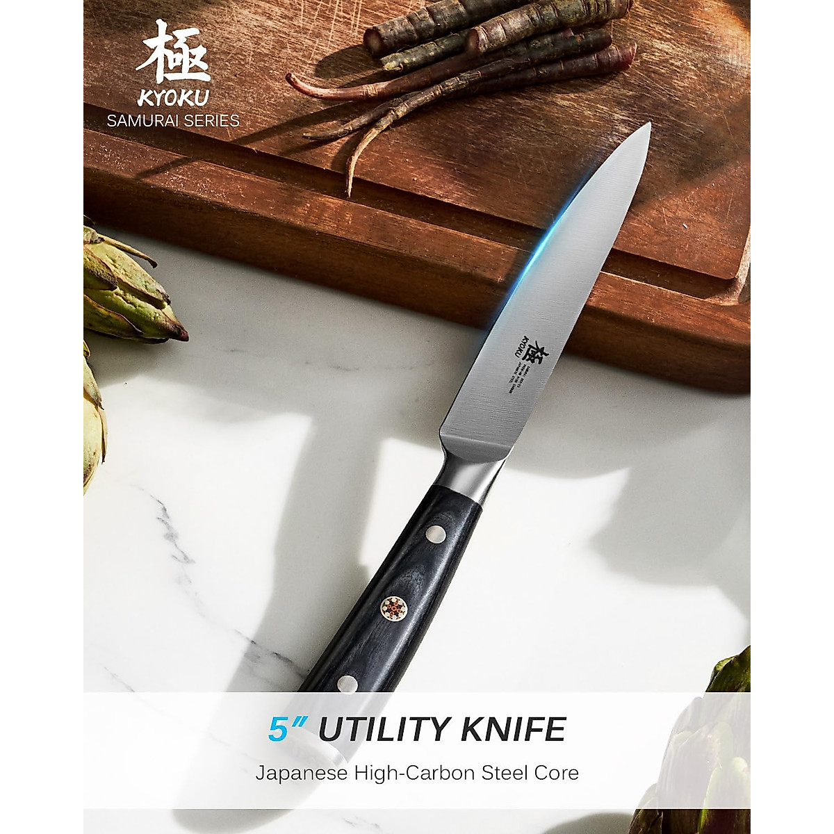 KYOKU 5" Kitchen Utility Knife, Samurai Series Chef Knife with Pakkawood Handle & Mosaic Pin, Japanese High Carbon Steel Knife, Full Tang Kitchen Knife for Vegetable Fruit Herb with Sheath and Case