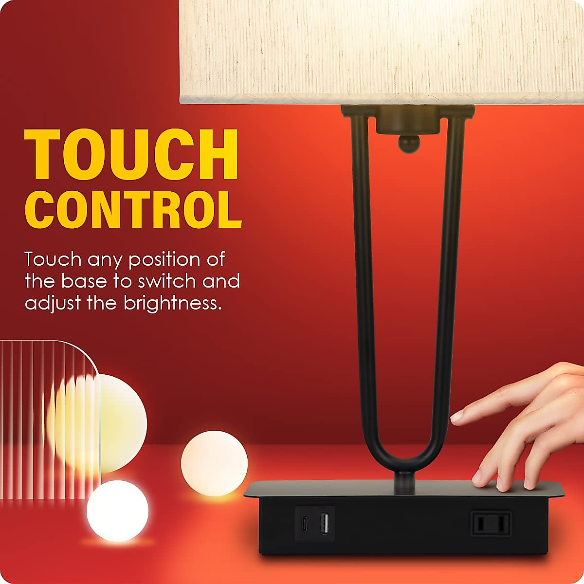 Yarra-Decor Bedside Touch Control Table Lamp Nightstand Lamp with USB A+C Charging Ports & AC Outlet 3-Way Dimmable Desk Lamp with Fabric Shade for Bedroom Living Room(Bulb Included)