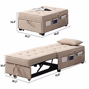 Cynefin Futon Chair with Lumbar Pillow and 3 Side Pockets, Sofa Bed Chair, Convertible Chair Sleeper Bed, 4 in 1 Ottoman Bed Tufted Fabric(70.8 x 26.3 x 16.4 inches, Beige)