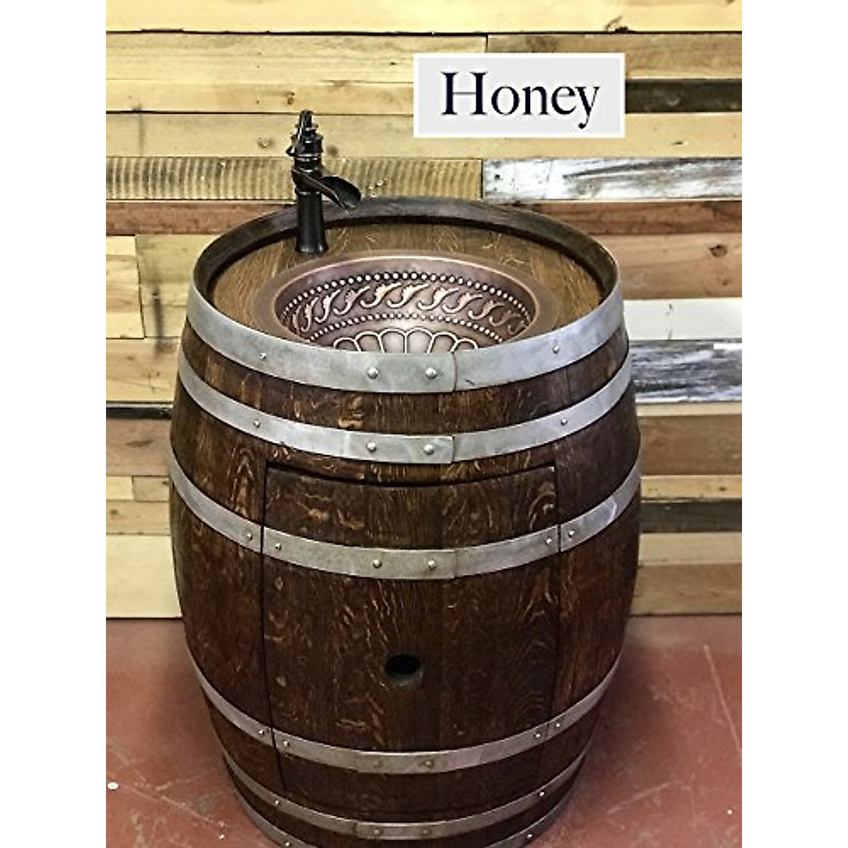 Wine Barrel Copper Sink Vanity with Hidden Hinged Door and Antique Waterfall Faucet