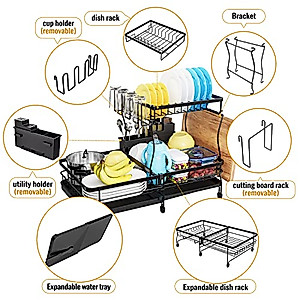 YKLSLH Expandable Dish Drying Rack , 2 Tier Large Drying Rack for Kitchen Counter with Drainboard, Glass Holder, Utensil Holder-Dish Drainers (Black)
