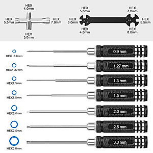 RC Hex Screwdriver Tool Set 0.9mm 1.27mm 1.3mm 1.5mm 2.0mm 2.5mm 3.0mm Hex Allen Screwdriver Kit with Hex Nut Driver & RC Car Wrench Tool Kit for Multi-Axis FPV Racing Drone RC Quadcopter Helicopter