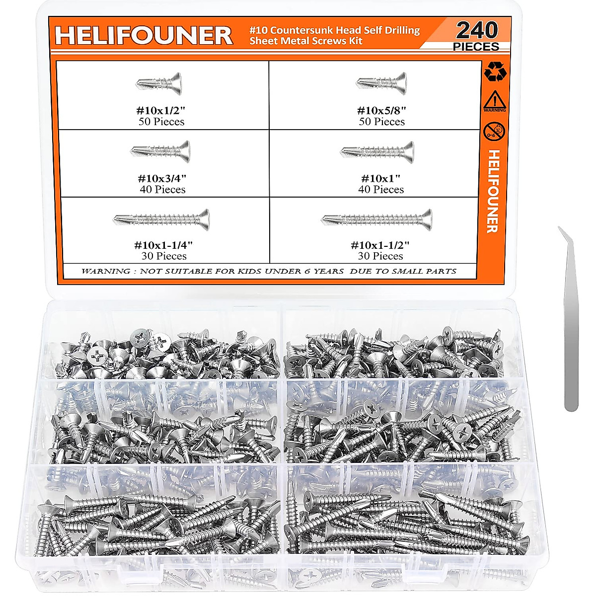 HELIFOUNER #10 x1/2", 5/8", 3/4", 1", 1-1/4", 1-1/2" Self Drilling Screws Sheet Metal Screws Assortment Kit, 410 Stainless Steel (#10 Countersunk Head)