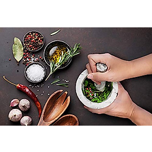 Marble Mortar and Pestle Set - Beautiful Polished White and Grey Veined Marble Mortar and Pestle Set with Garlic Peeler and Anti Scratch, Anti Skid Protective Pad