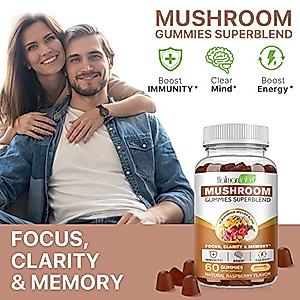 JYHSGD Super Mushroom Gummies for Adults, 10 Blend Mushroom Complex for Focus, Energy and Anxiety, Nootropic Brain Supplements, Boost Immunity, Shitake, Reishi, Turkey-Tail, Chaga, 60pcs